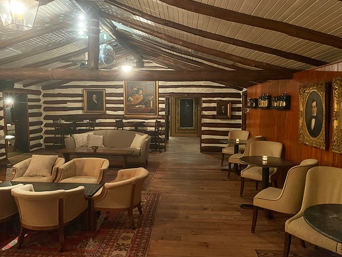 Where history meets hospitality – exposed log walls and comfortable seating create a lounge space that whispers "stay awhile" with every wooden beam.