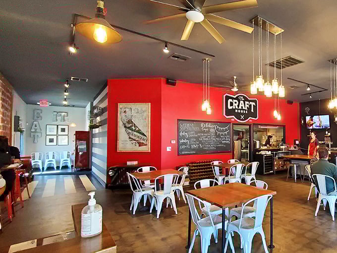 Inside, vibrant red walls and industrial-chic blue chairs create a space that's both energetic and comfortable—the restaurant equivalent of your coolest friend's living room.