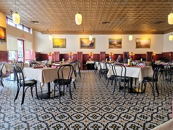 Step inside and time-travel to an era when dining meant something special—those tin ceilings and mosaic floors whispering stories of meals past.