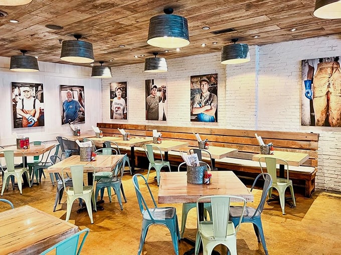 Rustic wooden ceilings meet nautical-inspired decor, creating a space that feels like Cape Cod took a delightful detour to the Midwest.