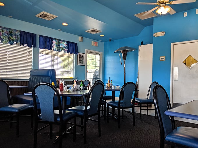 Bright blue walls create a cheerful oasis where comfort meets casual dining. This isn't designer chic—it's genuine California cafe warmth.