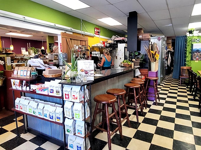 Inside, the checkered floor and vibrant walls create a space that feels like your coolest friend's kitchen—if that friend were a plant-based culinary genius.