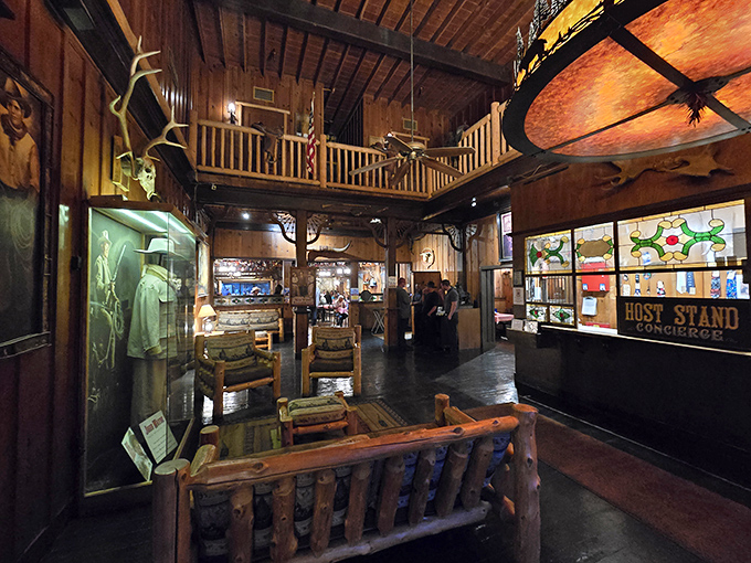 Step inside and time travel to the Old West—rustic wooden beams, mounted trophies, and a host stand that's seen more cowboys than a John Wayne marathon.