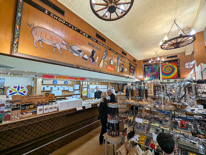 Step inside and prepare for sensory overload – wagon wheels overhead, Pennsylvania Dutch folk art all around, and the unmistakable aroma of molasses in the air.