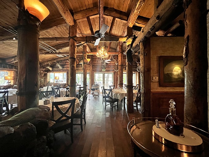 Exposed beams and antler chandeliers create the perfect backdrop for serious carnivorous contemplation and conversation.