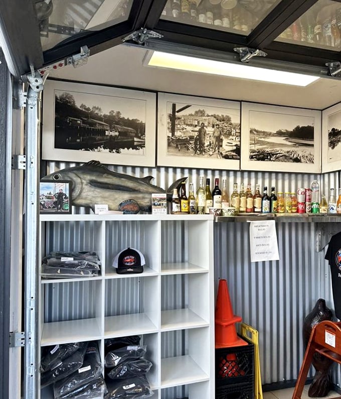 Inside, the corrugated metal walls and vintage harbor photos tell stories of Fort Bragg's fishing heritage—no interior decorator needed when you've got authenticity.