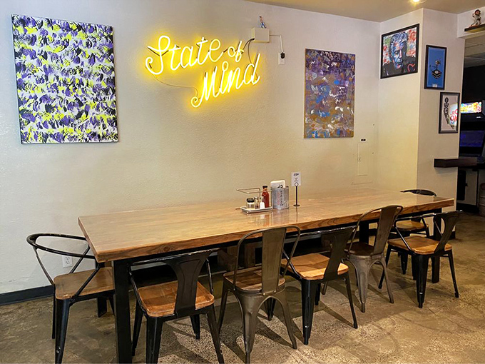 That neon glow isn't just for show—it's a beacon calling pizza pilgrims to their happy place. Modern vibes meet comfort food heaven.