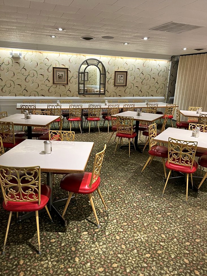 Step into a time machine disguised as a dining room, where gold chairs and terrazzo floors transport you back.