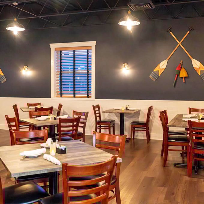 Crossed oars and maritime charm create the perfect backdrop for serious seafood conversations and even better meals.