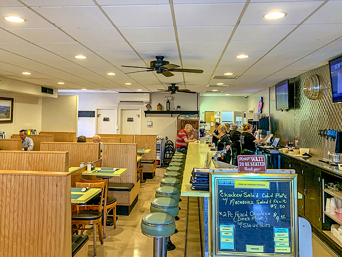 Classic diner perfection with those mint-green counter stools just waiting for you to spin once (we all do it) before settling in for breakfast.
