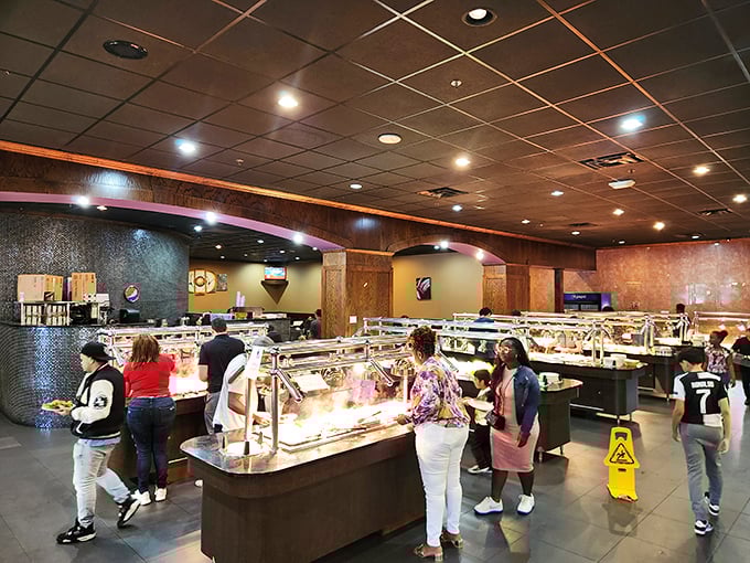 Inside, the spacious buffet area invites diners to embark on a culinary journey where the hardest decision isn't what to eat, but how many trips to make.