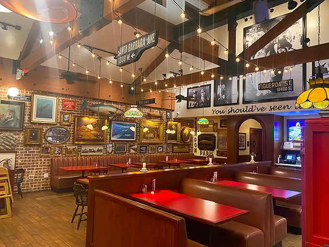 Inside, it's a maritime treasure trove where street signs hang from the ceiling and nautical artwork transforms dinner into an oceanic adventure.