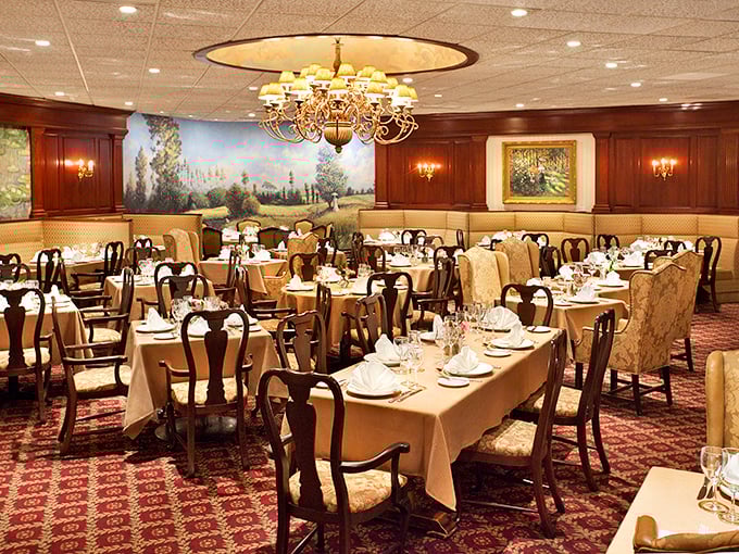 Dining rooms that whisper "special occasion" with their elegant chandeliers, pastoral murals, and Queen Anne chairs—like stepping into a period drama where the plot revolves around exceptional food.