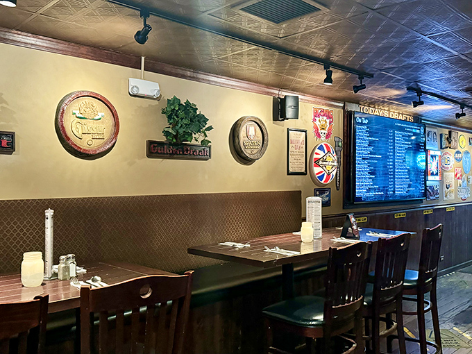Vintage beer signs and cozy booths create that perfect "Gemütlichkeit" atmosphere—that untranslatable German feeling of warmth and belonging that pairs perfectly with a cold brew.