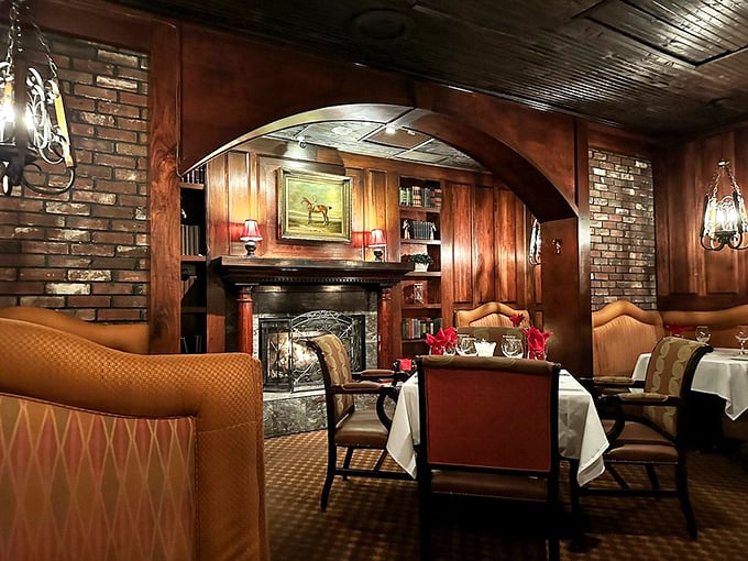 Step into elegance where exposed brick meets refined dining in perfect steakhouse harmony.
