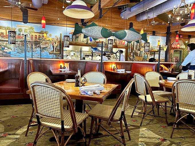 Nautical charm meets comfortable dining – those oversized fish suspended from the ceiling aren't judging your third bread roll, promise!