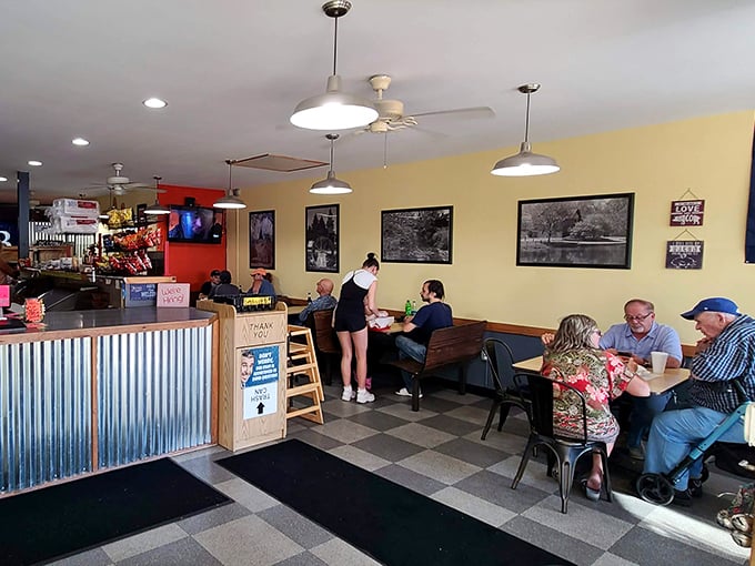 Inside, the corrugated metal counter and checkered floor create that perfect "we've-been-here-forever" vibe that always signals genuinely good food is coming.