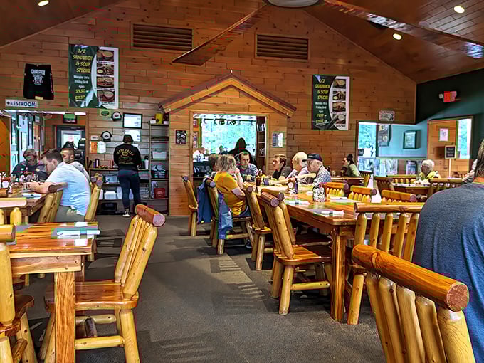 Knotty pine walls and log furniture create the perfect North Woods dining atmosphere—like eating in Paul Bunyan's living room, but with better food.