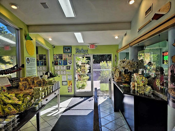 Step inside where citrus-colored walls promise serious pie business disguised as pure Florida fun.