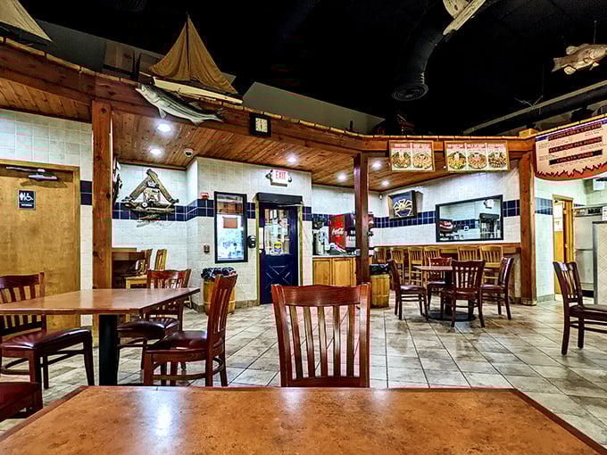 Inside, nautical charm meets no-nonsense dining. This isn't about the décor—it's your staging area for the seafood feast to come.