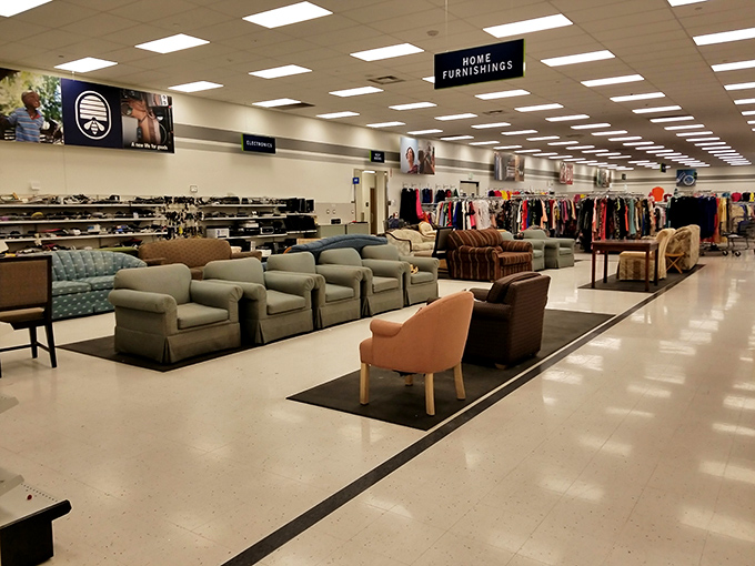 Where sofas have second chances and clothing racks stretch to the horizon—the interior vastness promises treasure hunting on an epic scale.