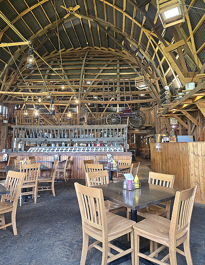 Cathedral-like wooden beams that would make Frank Lloyd Wright weep with joy. Dining under architecture that tells stories of Ohio's agricultural heritage.