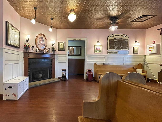 Church pew seating and a warm fireplace—this isn't just a restaurant, it's a sanctuary where calories don't count and conversations flow as freely as the gravy.
