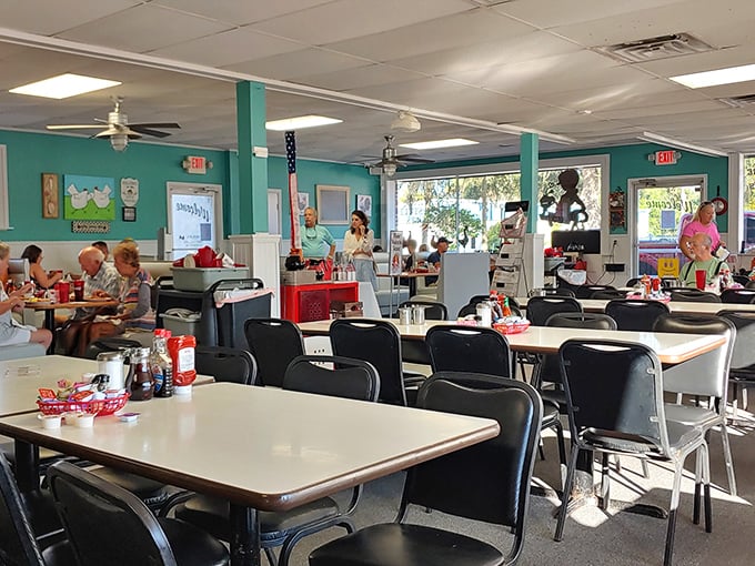 Inside, turquoise walls and no-nonsense seating create that perfect diner atmosphere where conversations flow as freely as the coffee. This is where New Smyrna Beach starts its day.
