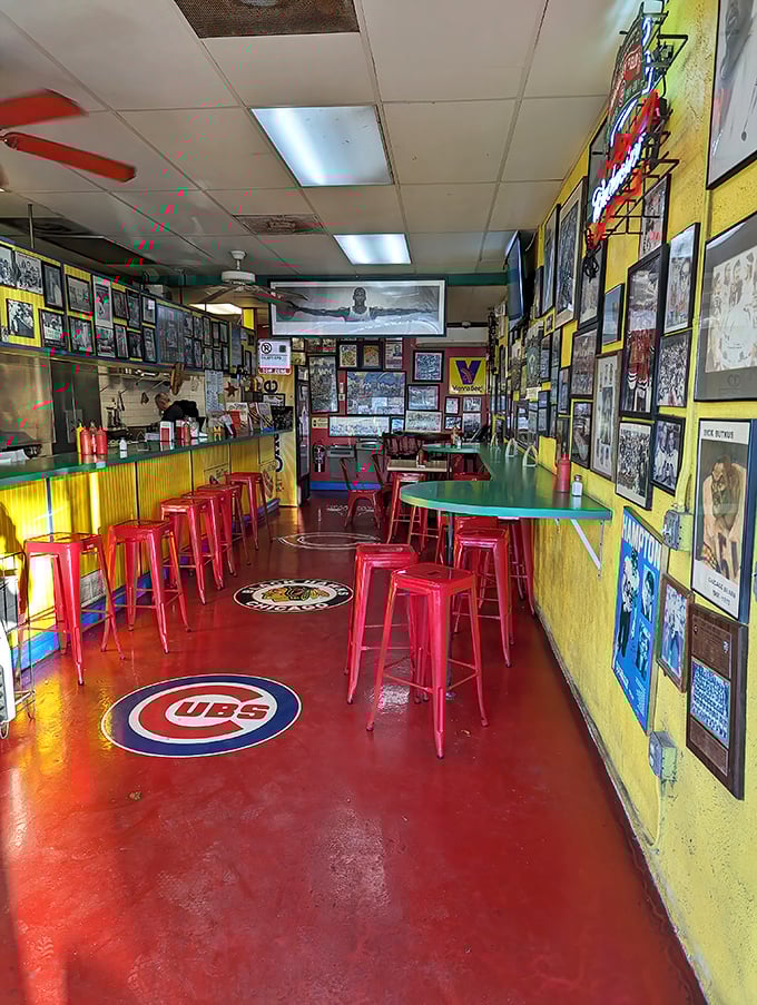 Step inside and you're transported straight to the Windy City—Cubs logos on the floor, memorabilia on every inch of wall space.