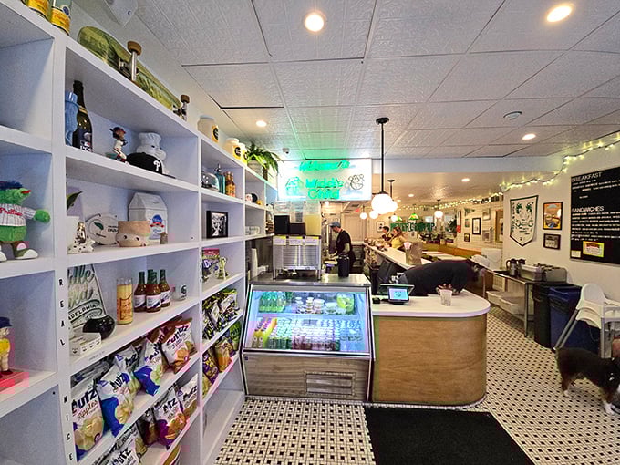 Shelves lined with carefully curated snacks and a gleaming display case—Middle Child's interior feels like the deli of your dreams got a modern makeover.
