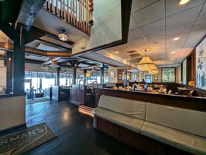 Step inside to warm wood tones and nautical charm—a dining room that feels like the captain's quarters of a particularly delicious ship.