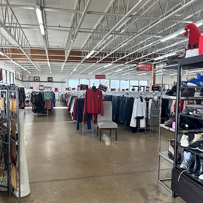 Welcome to the clothing forest! Meticulously organized racks stretch toward the industrial ceiling, promising fashion finds that won't empty your wallet.