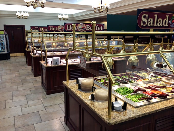 Gleaming brass rails and spotless serving stations await the hungry masses. The buffet equivalent of rolling out the red carpet.