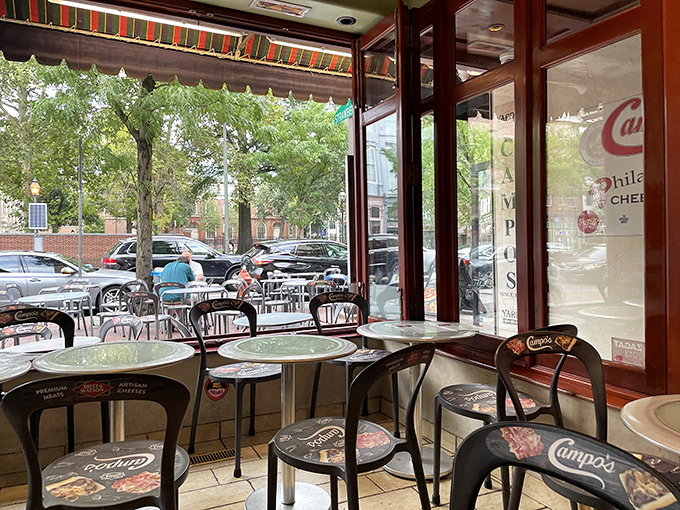 Simple tables, branded chairs, and floor-to-ceiling windows create the perfect unpretentious setting for the serious business of sandwich consumption.