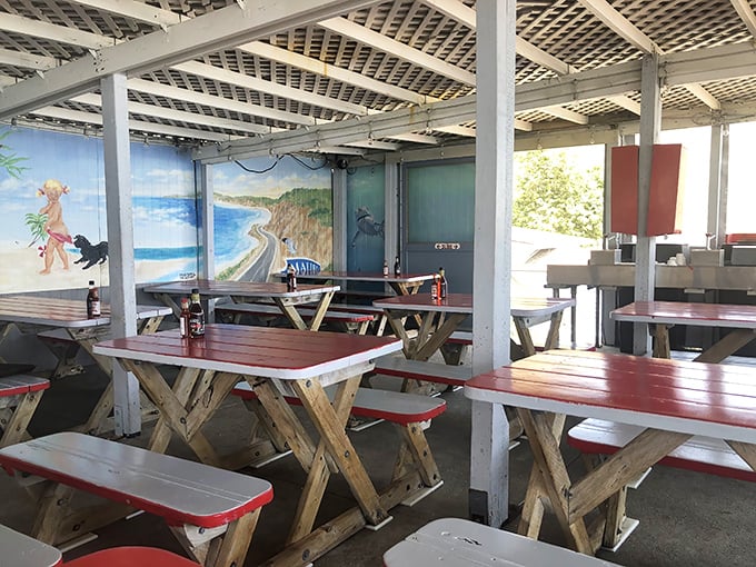 Cheerful ocean murals and picnic tables create the perfect no-fuss atmosphere for serious seafood enjoyment.