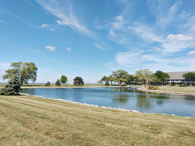 Mother Nature's infinity pool—where the inland lake reflects clouds that seem to be practicing their formations for the big sky show over Lake Erie. 