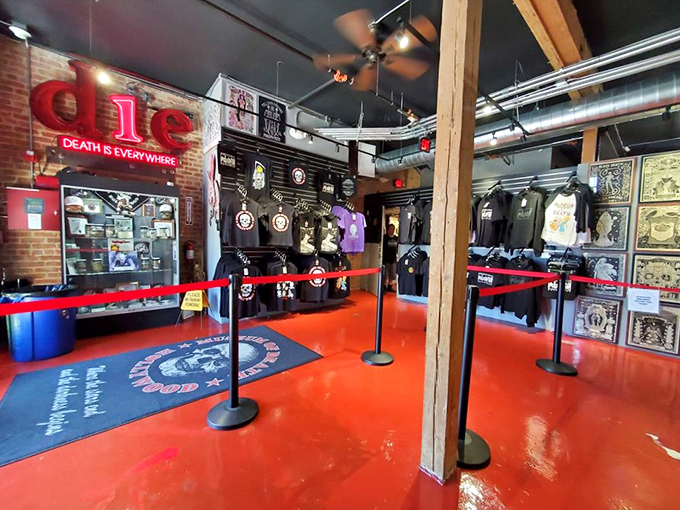 That bright red floor isn't just for show – it sets the perfect mood for exploring humanity's darkest curiosities. 