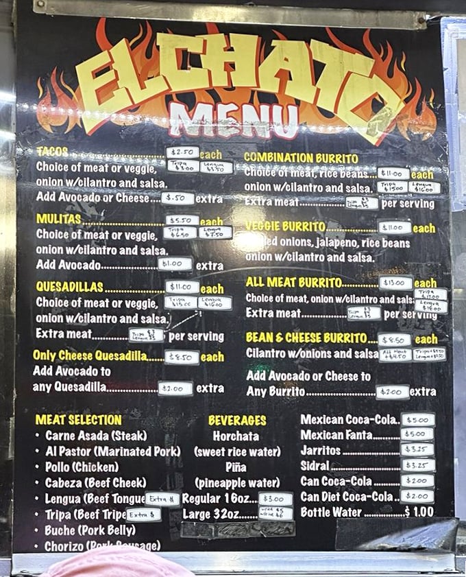 The flame-adorned menu board tells you everything you need to know—this isn't fancy food, it's just fantastic food.