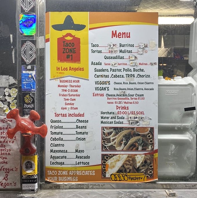 The no-frills menu board speaks the universal language of street food perfection—meat options that make decision-making the hardest part of your night.