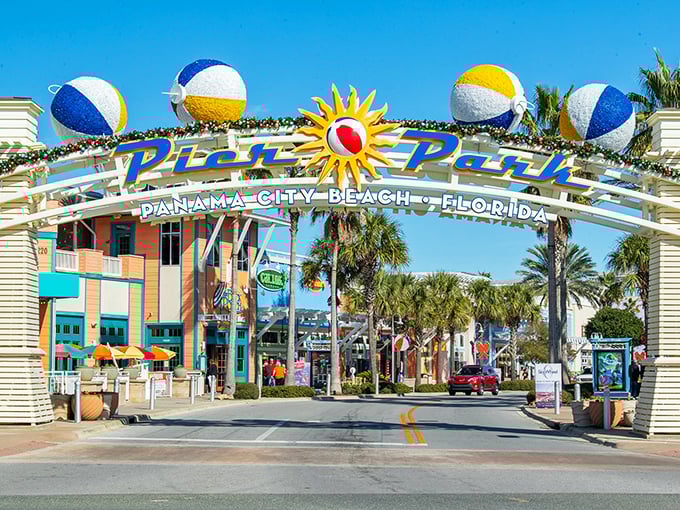 The iconic Pier Park entrance welcomes you to PCB's shopping and entertainment district—where beach balls are always in season.