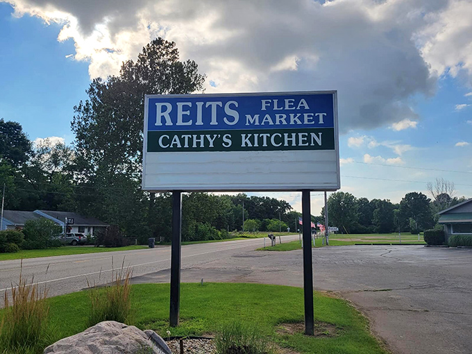 The beacon that guides bargain seekers to paradise. Cathy's Kitchen gets equal billing—because even the most dedicated treasure hunters need fuel.
