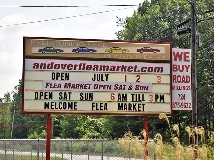 This vintage drive-in marquee now announces bargain-hunting hours instead of movie times. Early birds, take note—the best finds disappear before breakfast elsewhere.