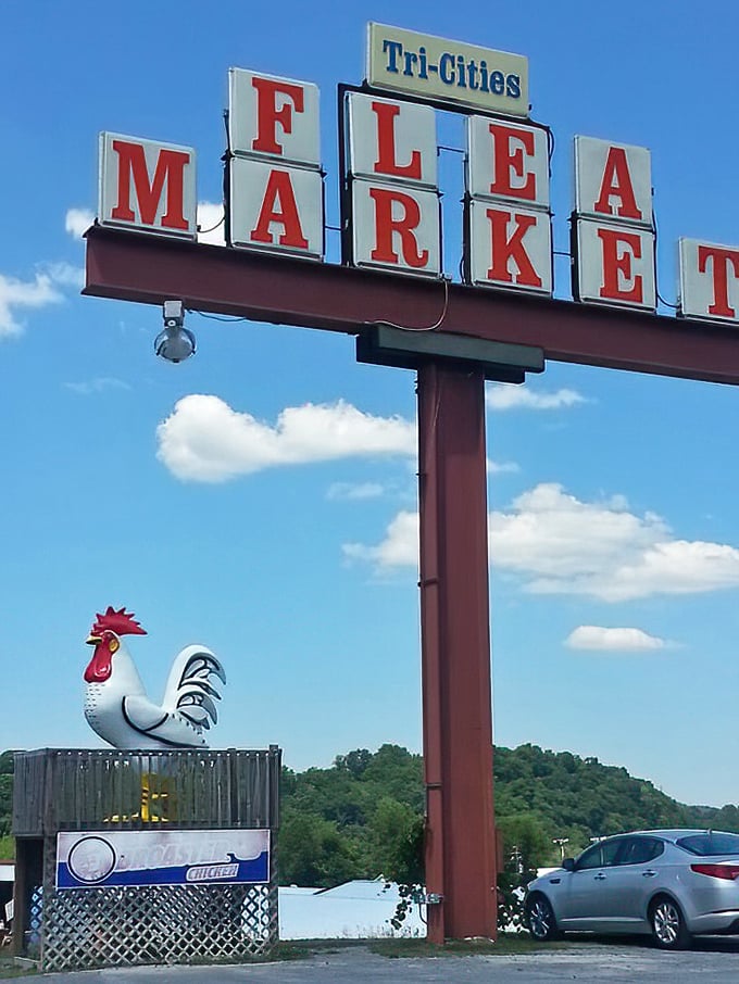 Standing tall against the Tennessee sky, this iconic sign with its rooster guardian promises adventure for the bargain-curious soul.