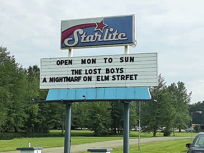 The iconic Starlite sign promises a double feature of nostalgia and horror—both for less than the price of popcorn at the multiplex.