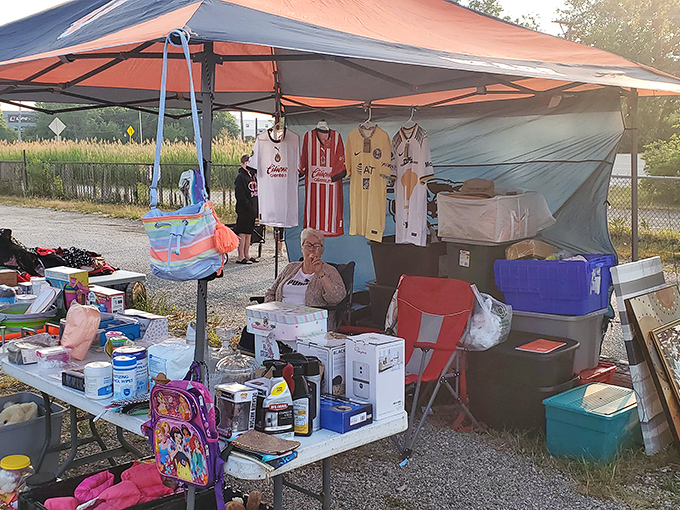 Sports jerseys and childhood nostalgia share space under this vendor's canopy—proof that one person's decluttering is another's discovery.