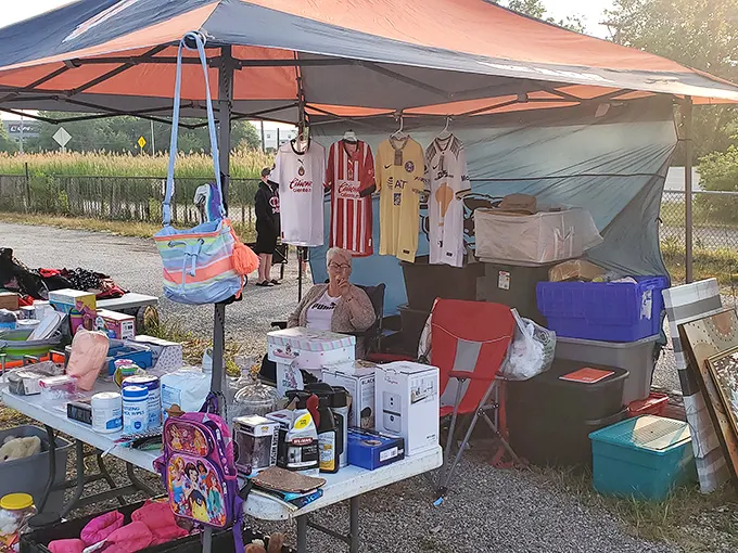 Sports jerseys and childhood nostalgia share space under this vendor's canopy—proof that one person's decluttering is another's discovery.