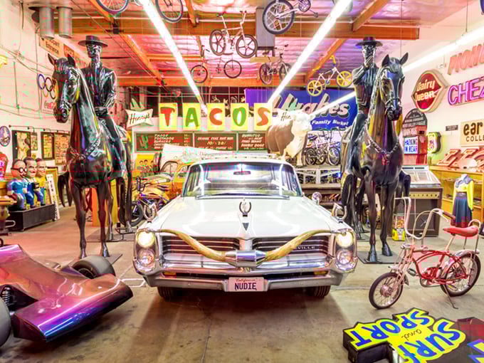 Where else can you find vintage neon, classic cars, and cowboy statues under one roof? It's like someone curated your childhood memories and put them on magnificent display.