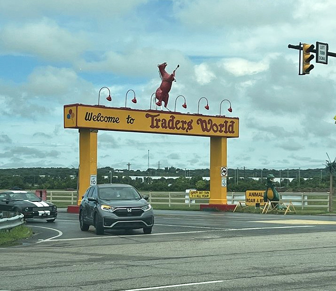 That iconic red horse rearing up on the yellow welcome arch isn't just a sign—it's your invitation to Ohio's retail wilderness adventure.