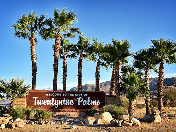 Not just a clever name—the welcome sign to Twentynine Palms actually features its namesake palms, nature's own exclamation points against that impossibly blue desert sky.