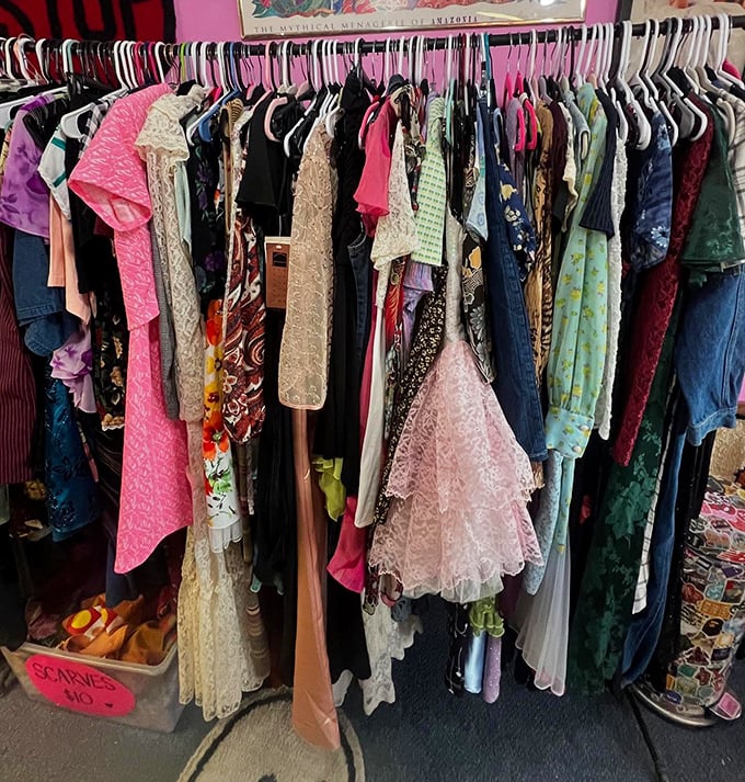 A rainbow of fabrics tells stories from decades past. Each hanger holds not just clothing, but a slice of fashion history.